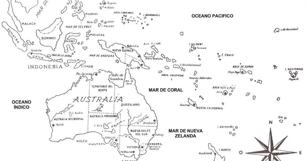 Map of Oceania in spanish, free coloring pages | Coloring Pages