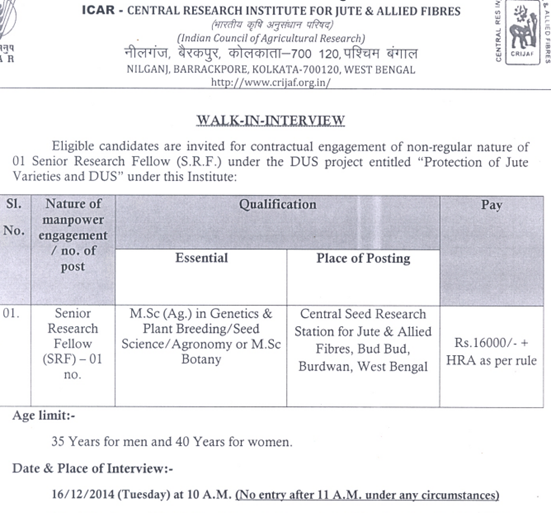 CRIJAF Kolkata Plant Breeding SRF Walk IN