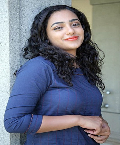 Sexy Hottest Artists: Nithya Menon Red Lips Wallpapers with Blue Top