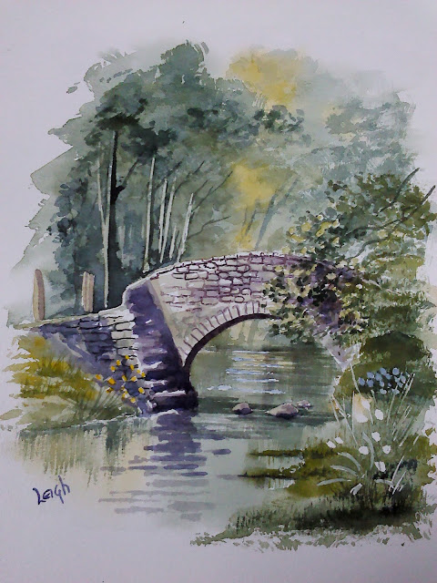 My Watercolour World: Stone wall bridge over stream