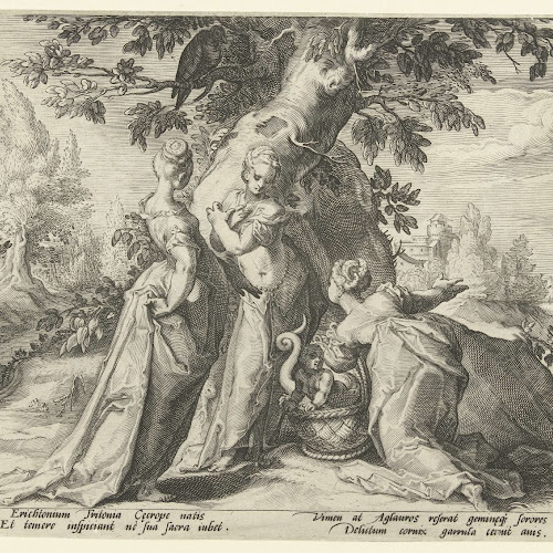 Dochters van Cecrops openen de mand van Minerva, Hendrick Goltzius ...