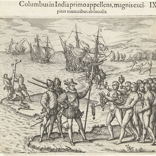 Christoffel Columbus komt aan in Amerika, Theodor de Bry, naar Johann ...