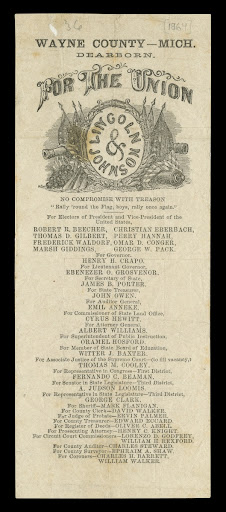 1864 Presidential Election Ballot with Union Party Ticket for Dearborn ...