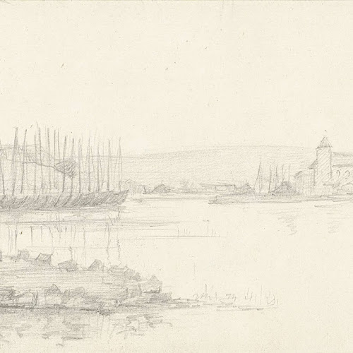 Gezicht over het water op een dorpskerkje Lalent-St.Ives, Prosper ...