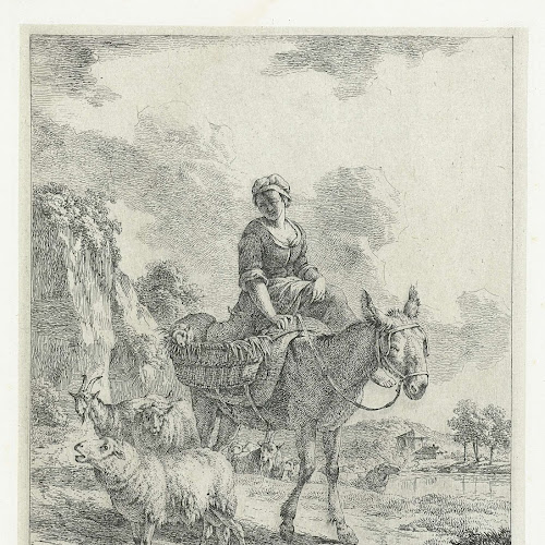Herderin zittend op ezel temidden van kudde, Frédéric Théodore Faber ...