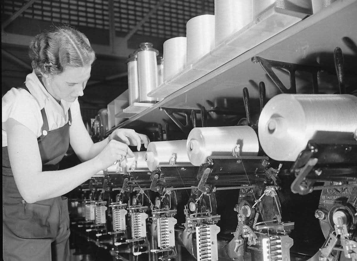 Industrial Rayon Co.-Feb.1939, Coning Room-Tying Knot In Spindles Of ...