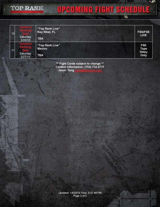Top Rank Boxing: Upcoming Fight Schedule - updated on January 18, 2010