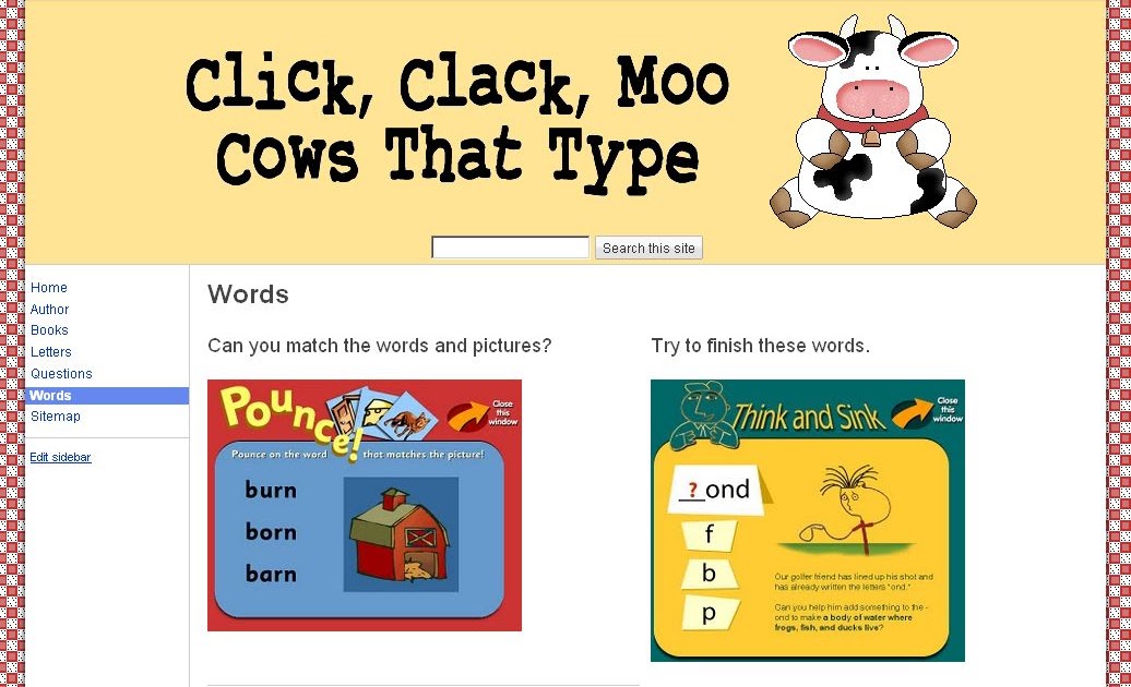 lpcomputerlab: Grade 1- Word Games- Click, Clack, Moo
