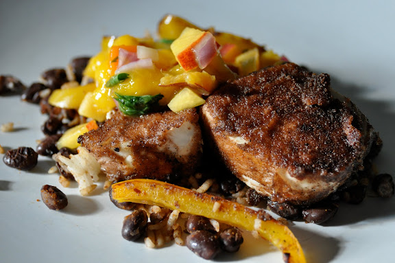 teff crusted halibut with peach mango pico de gallo | Eat the cookie!