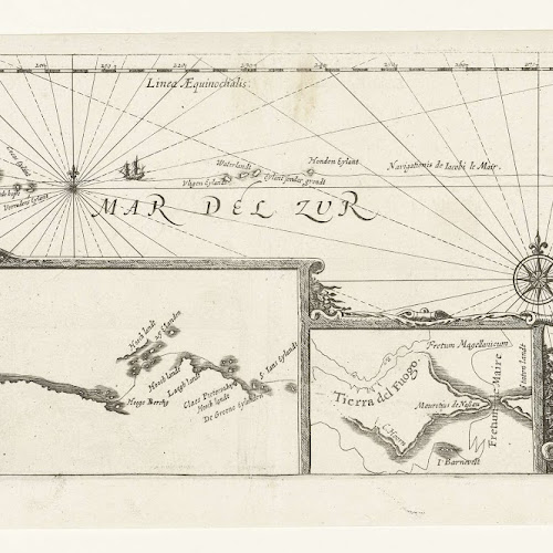 Kaart van de tocht van Jacob le Maire om Kaap Hoorn, 1616, anoniem ...