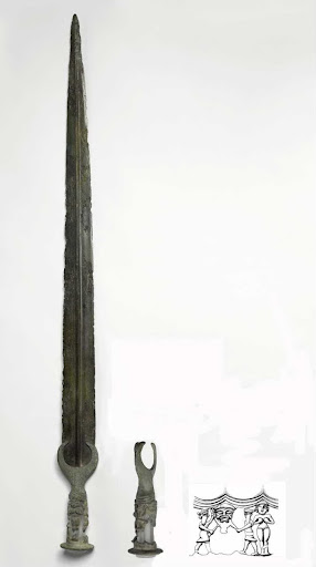 Sword, the hilt of which depicts Gilgamesh and Enkidu slaying Humbaba ...