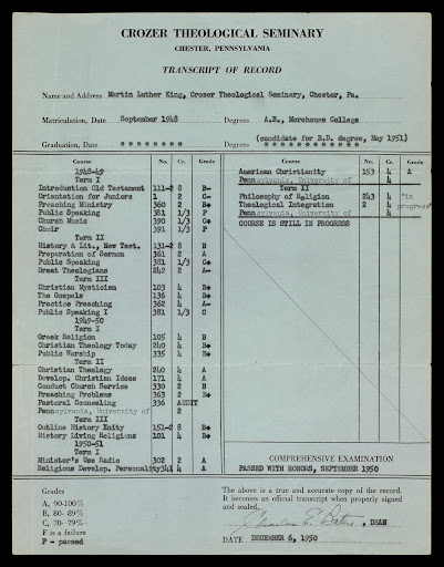 MLK Transcript from Crozer Theological Seminary — Google Arts & Culture